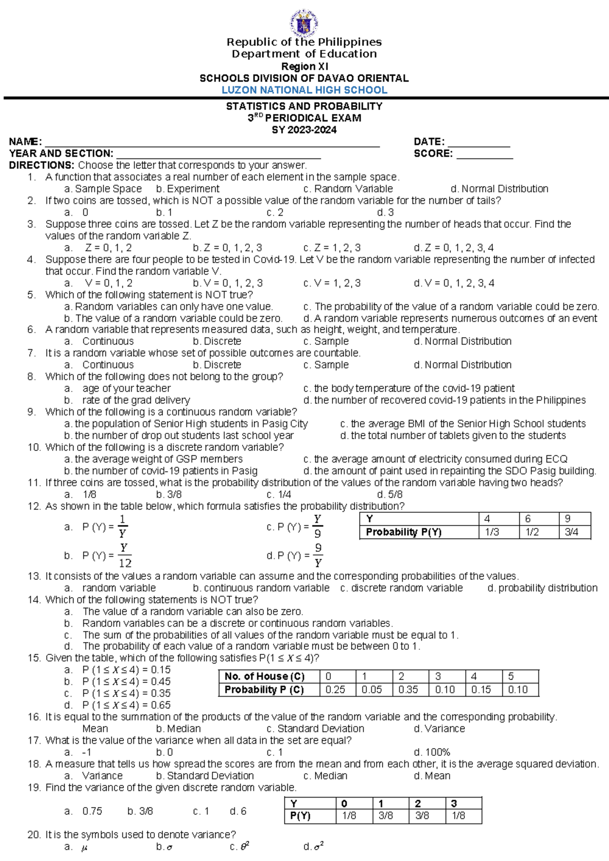 Q3 STAT AND PROB - tet - Republic of the Philippines Department of ...