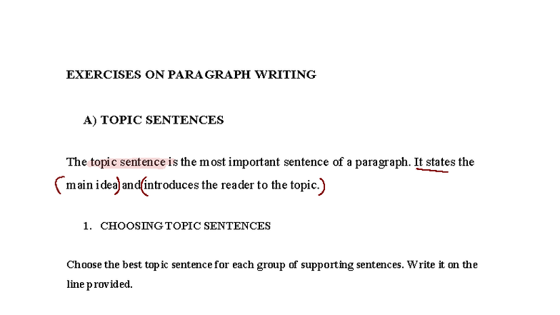 LCC401 Exercises on Paragraph Writing: Topic Sentences & Supporting ...