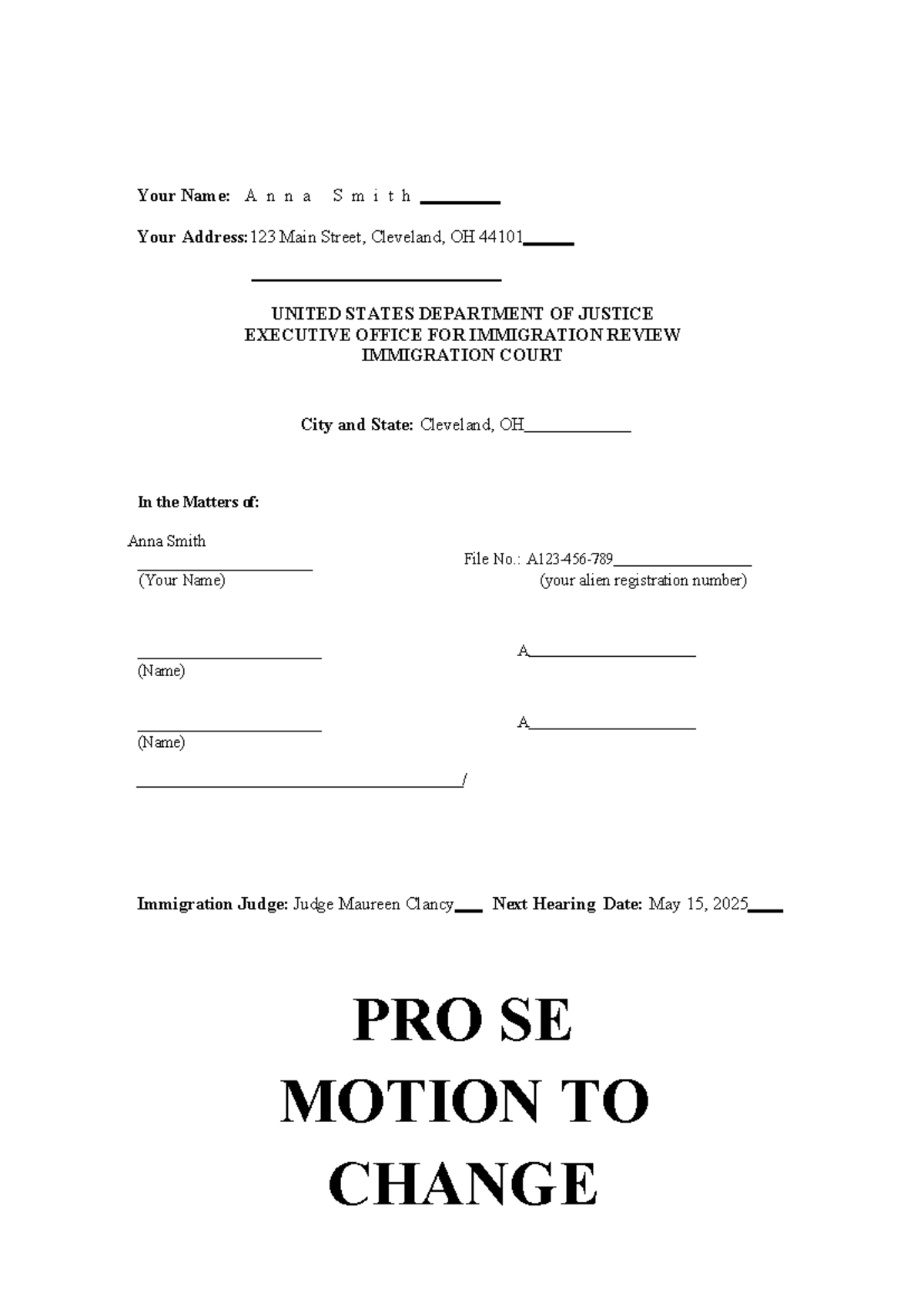 Pro Se Motion to Change Venue - Immigration Court (Cleveland, OH) - Studocu