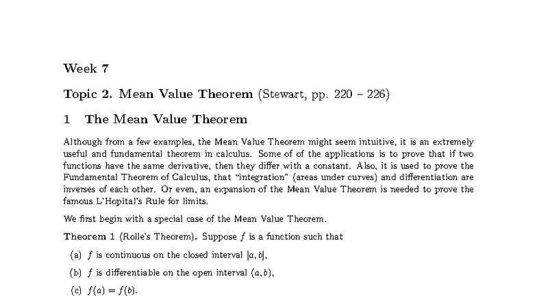 Mean Value Theorem - Week 7 Topic 2 (Stewart, pp. 220-226) - Studocu