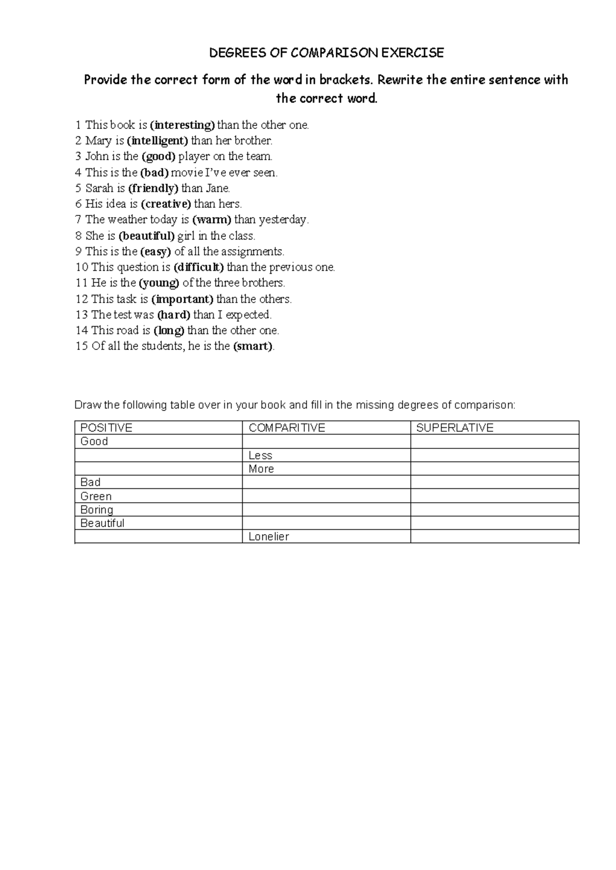 Degrees of Comparison Worksheet for English Grammar Exercises - Studocu
