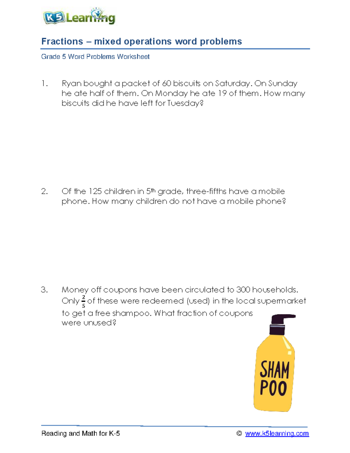 Grade 5 Fractions Mixed Operations Word Problems Worksheet 1 - Studocu