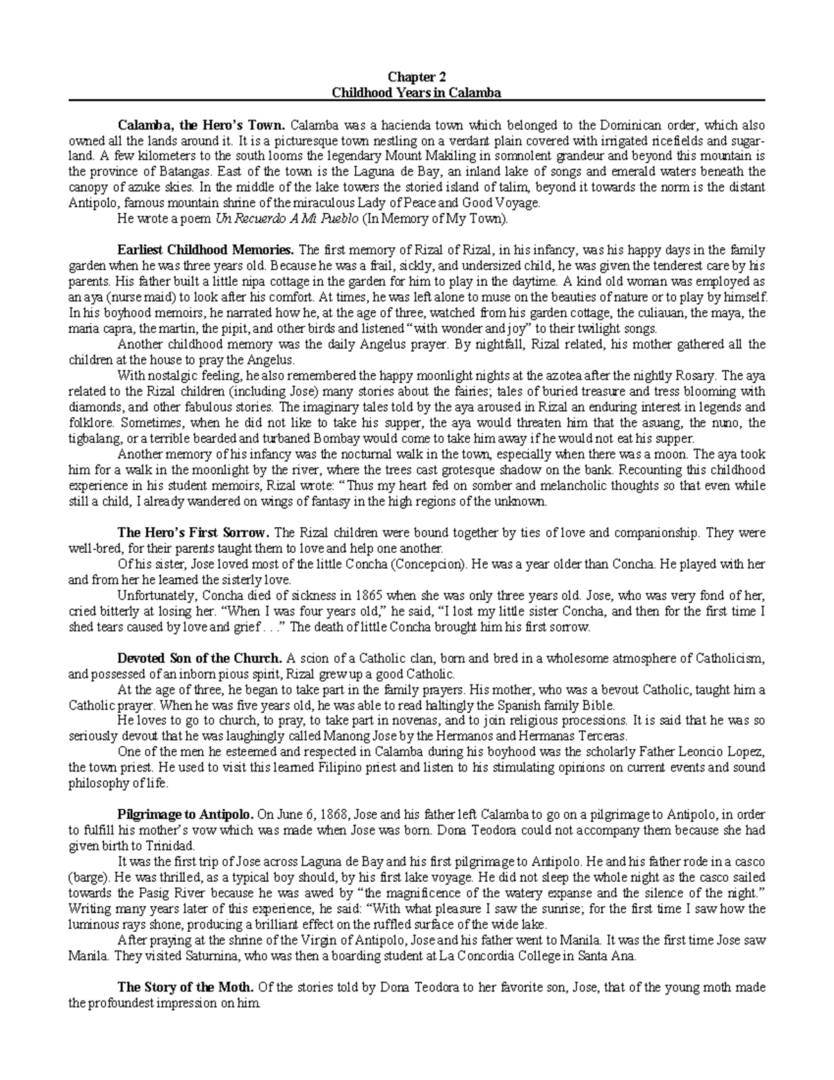 RLW Chapter 2-3 Notes: Childhood Years of Jose Rizal in Calamba - Studocu