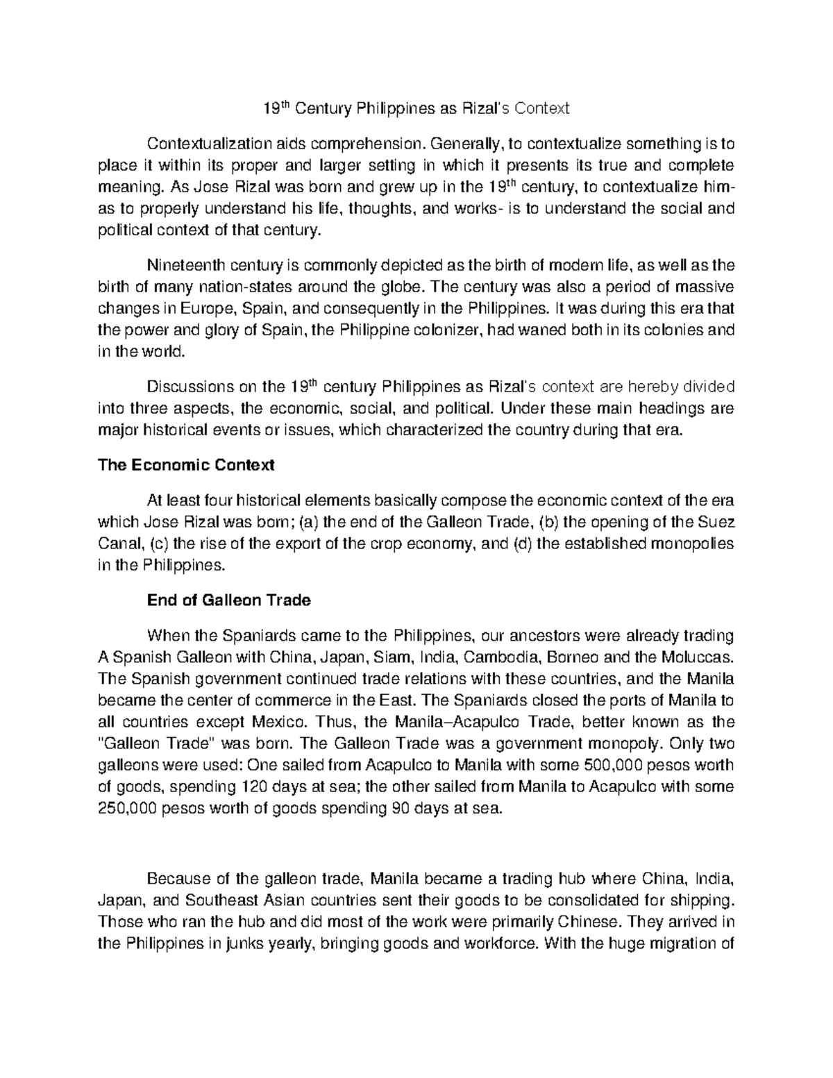 Lecture Notes 2: Economic & Social Context of 19th Century Philippines ...