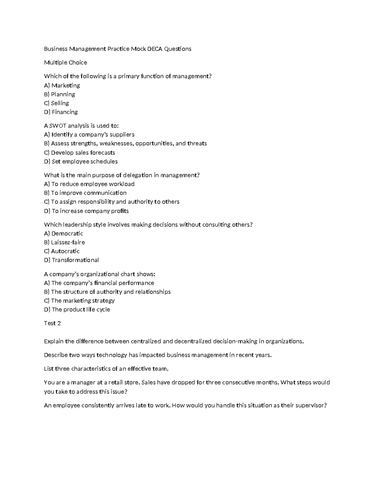 Business Management Practice Mock DECA Questions & Answers - Studocu