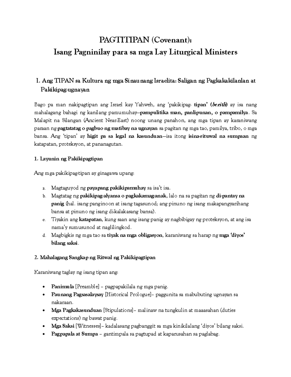 PAGTITIPAN (Covenant): Pagninilay para sa mga Lay Liturgical Ministers ...