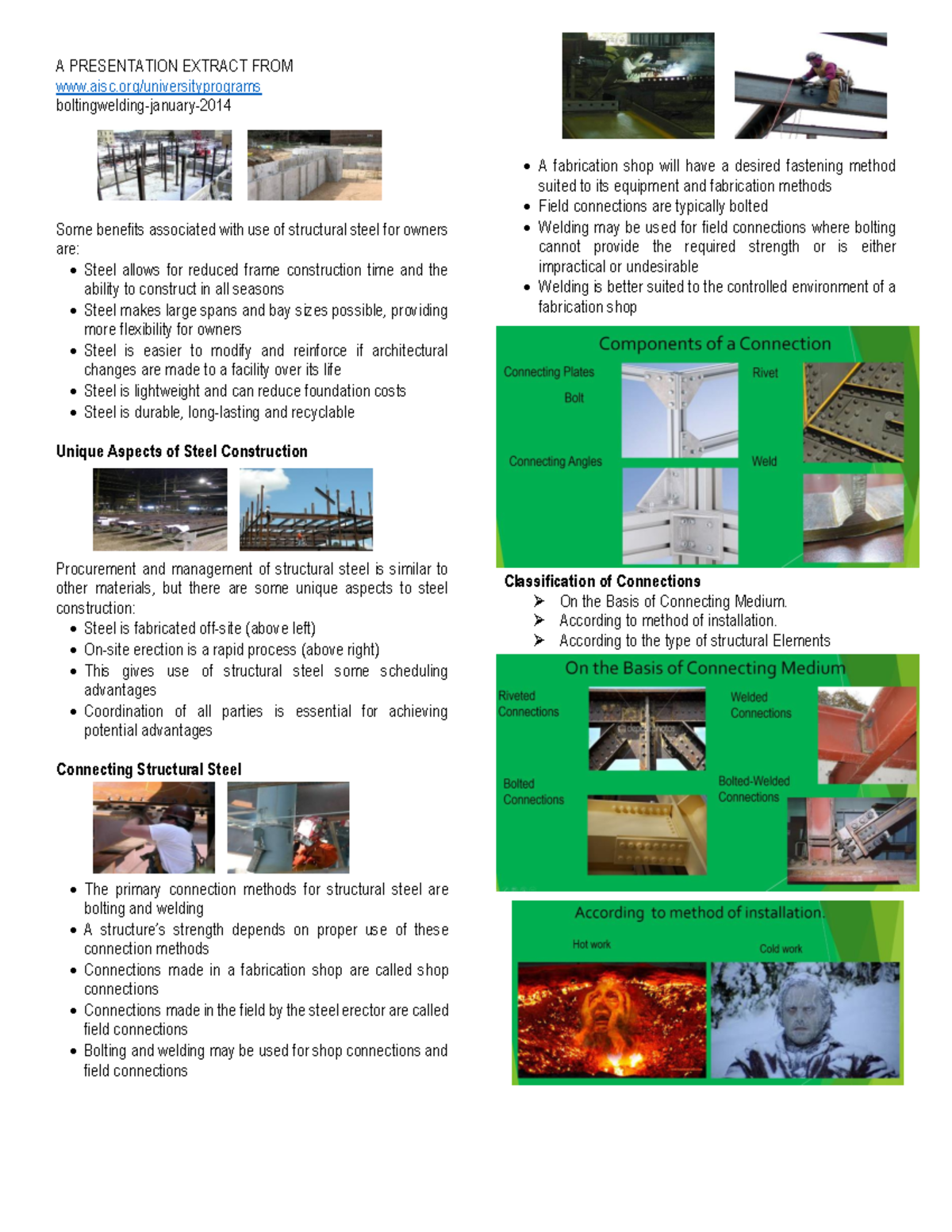 Steel Construction Review - Unique Aspects & Connection Methods - Studocu