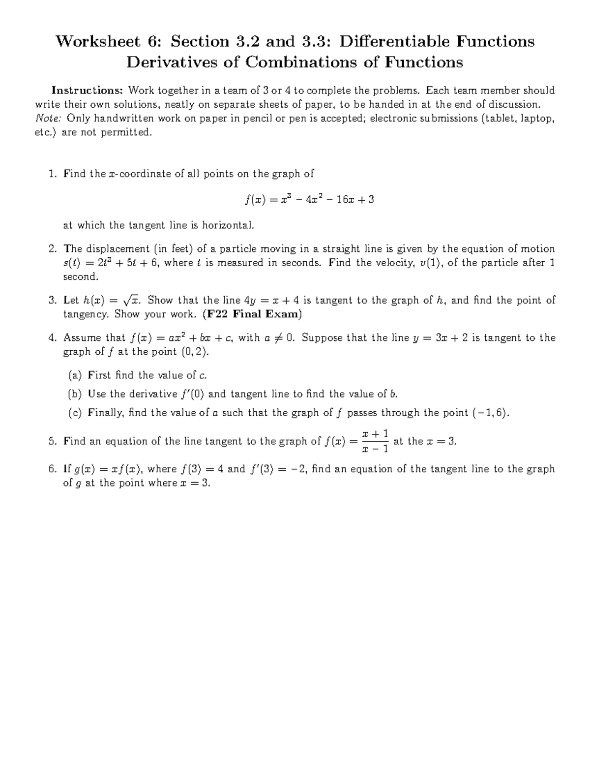 Worksheet 6: Differentiable Functions & Tangent Lines (F22 Final Exam ...
