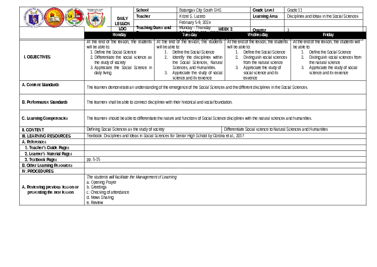 G11 Social Sciences Week 2 Daily Lesson Log (DLL) - February 2024 - Studocu