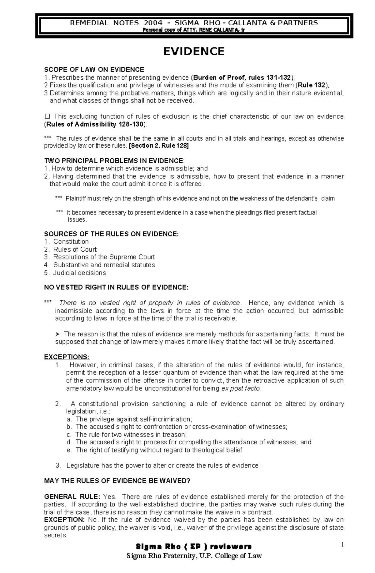 REMEDIAL NOTES ON EVIDENCE (2004) - SIGMA RHO CALLANTA PARTNERS - Studocu