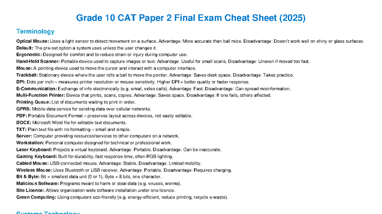 Grade 10 CAT Paper 2 Final Exam Cheat Sheet (2025) - Studocu
