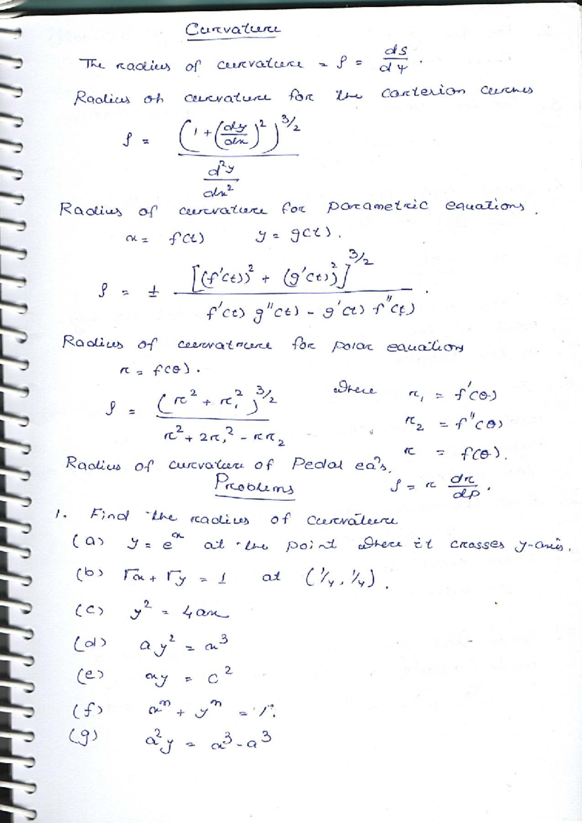 Lecture 1: Radius of Curvature in Cartesian, Parametric, and Polar ...
