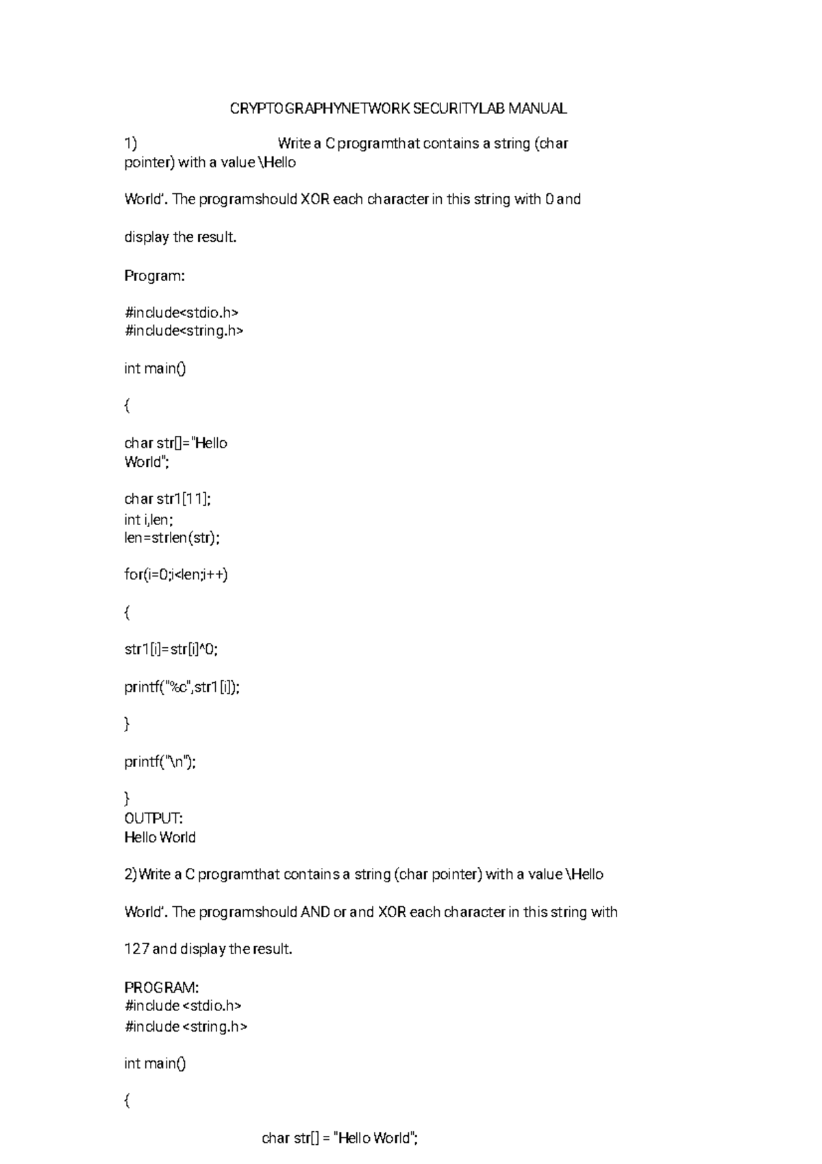 Cryptography Network Security LAB Manual: C & Java Programs - Studocu