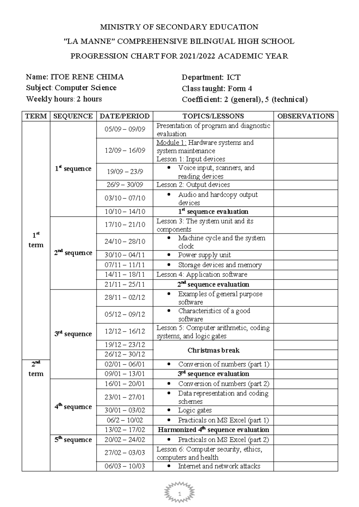 Form 4 Computer Science Notes - Academic Year Progression Chart - Studocu