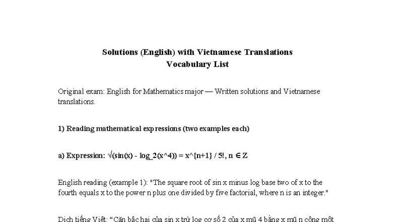 Solutions for English Math Exam with Vietnamese Translations - Studocu