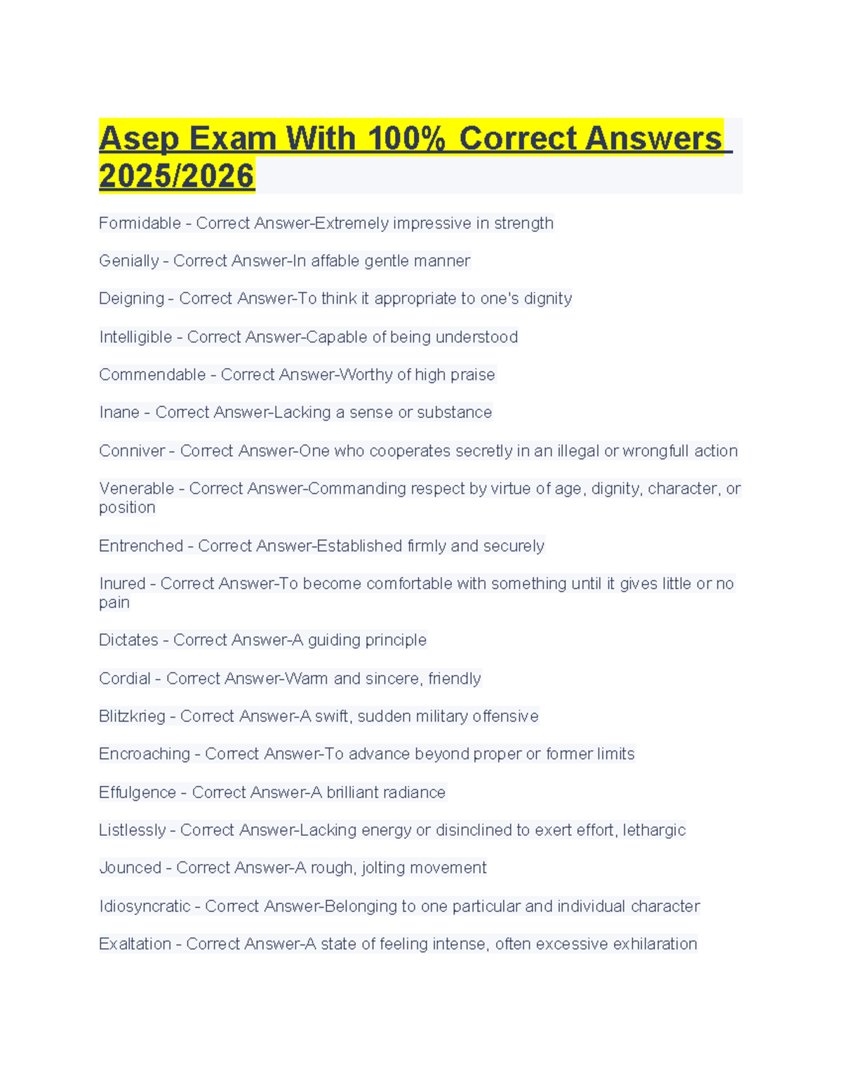 Asep Exam Vocabulary with Correct Answers - Studocu