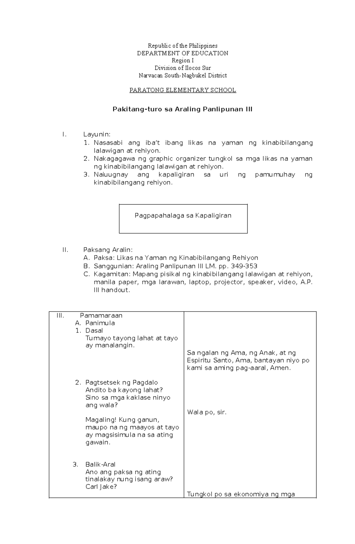 Grade III AP - Detalyadong Plano ng Aralin sa Likas na Yaman - Studocu
