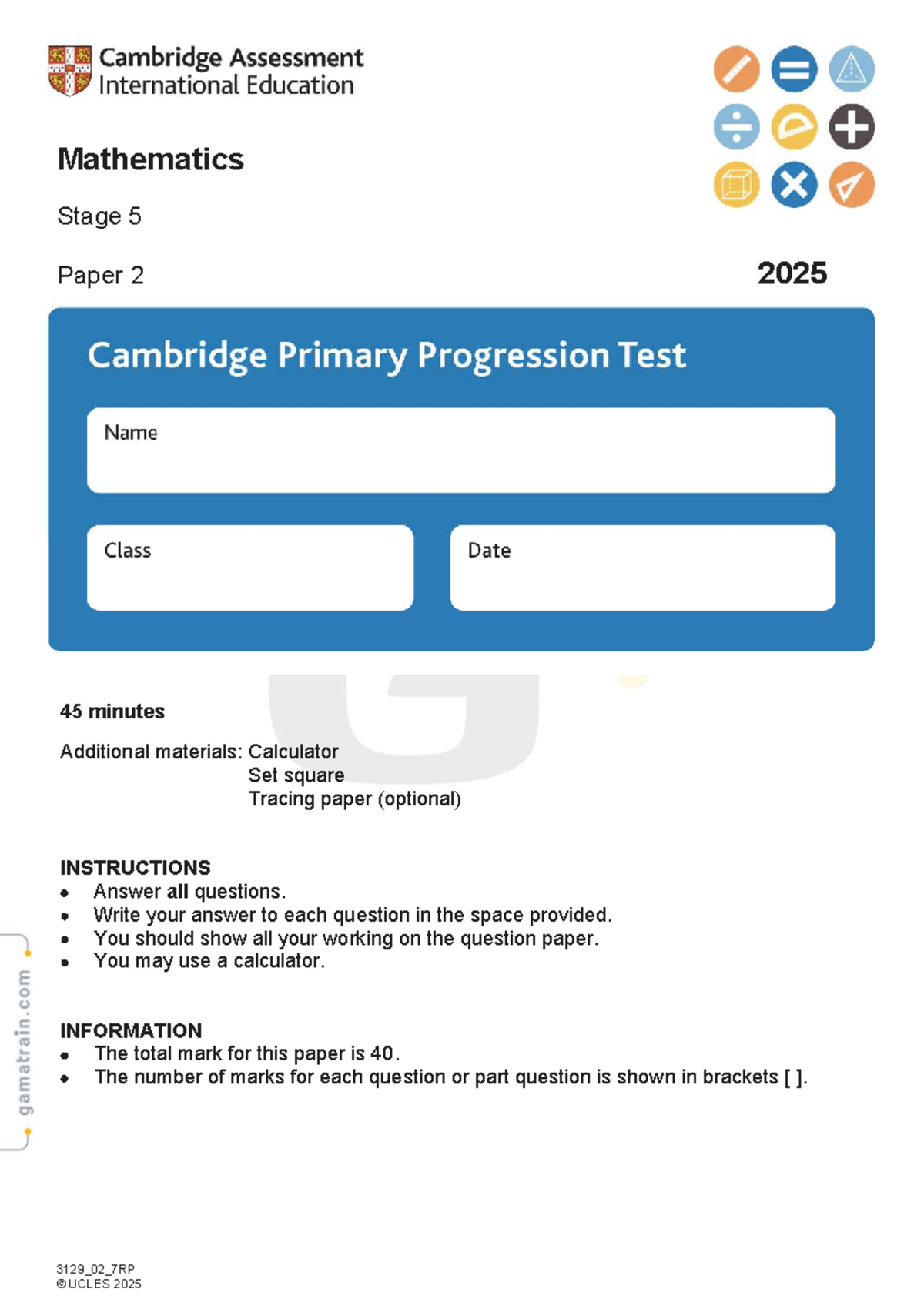 MATH Stage 5 Paper 2 Progression Test 2025 - Studocu