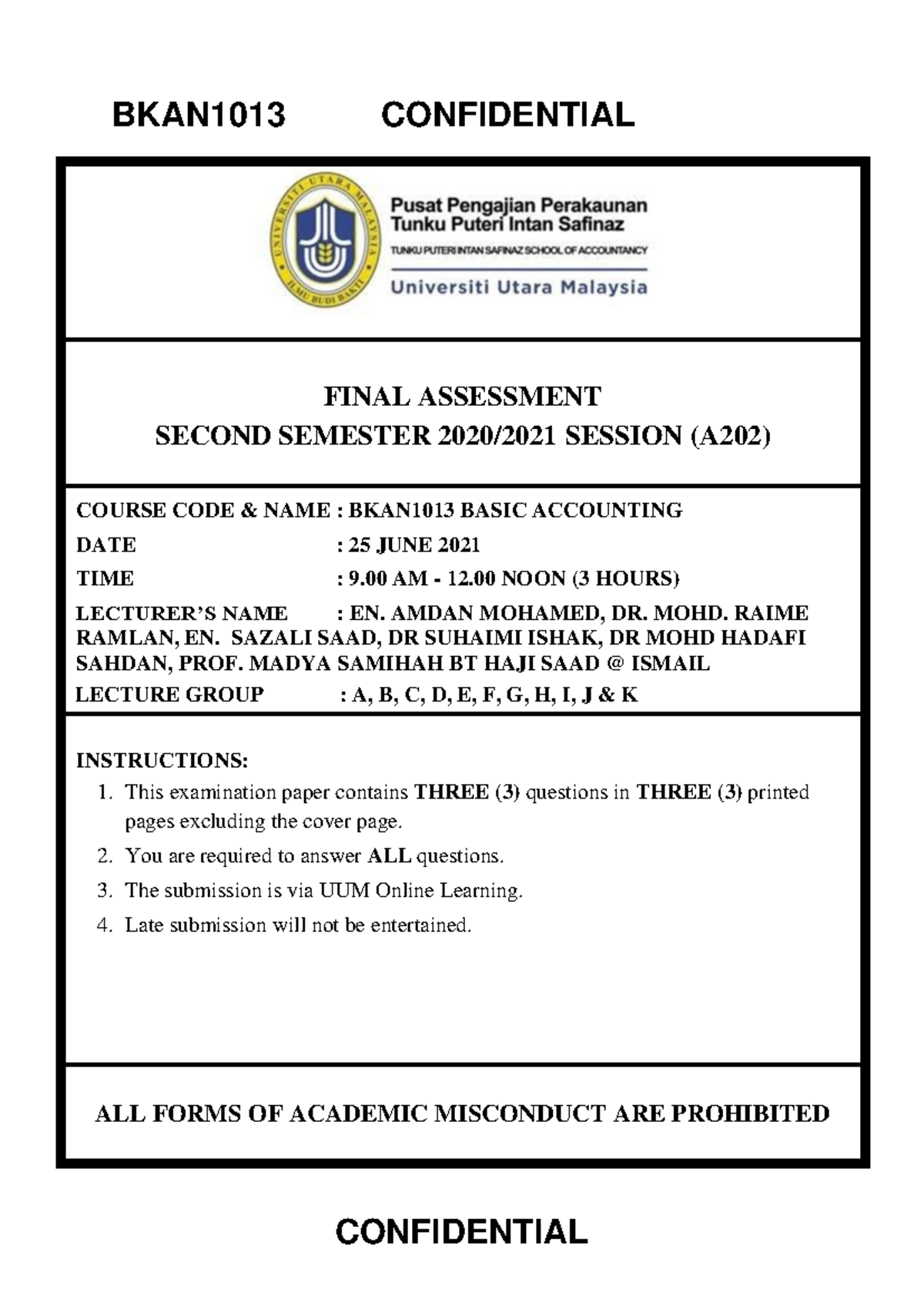 BKAN1013 FINAL ASSESSMENT - BASIC ACCOUNTING (A202) 2020/2021 - Studocu