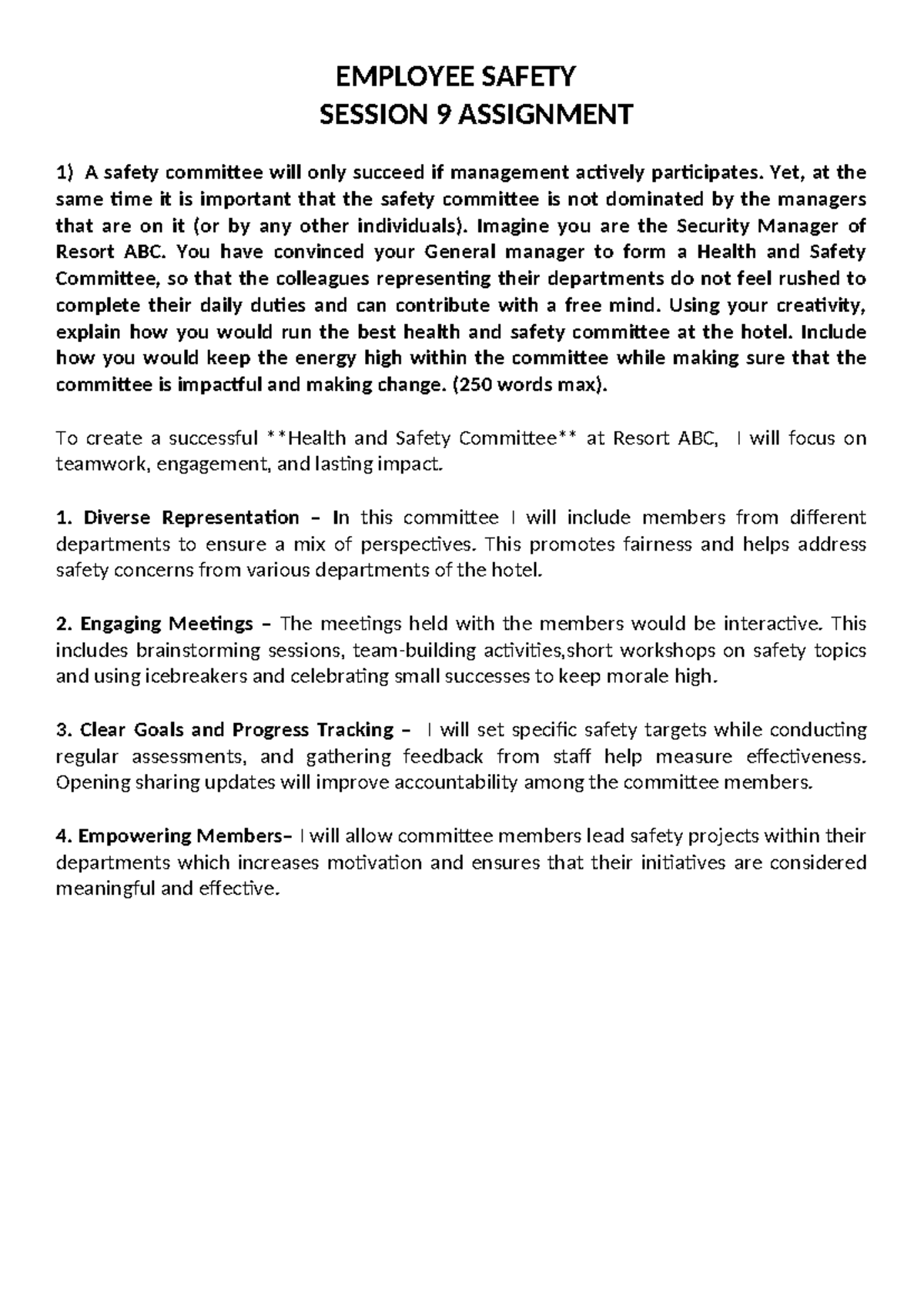 EMPLOYEE SAFETY COMMITTEE STRATEGIES - SESSION 9 ASSIGNMENT - Studocu