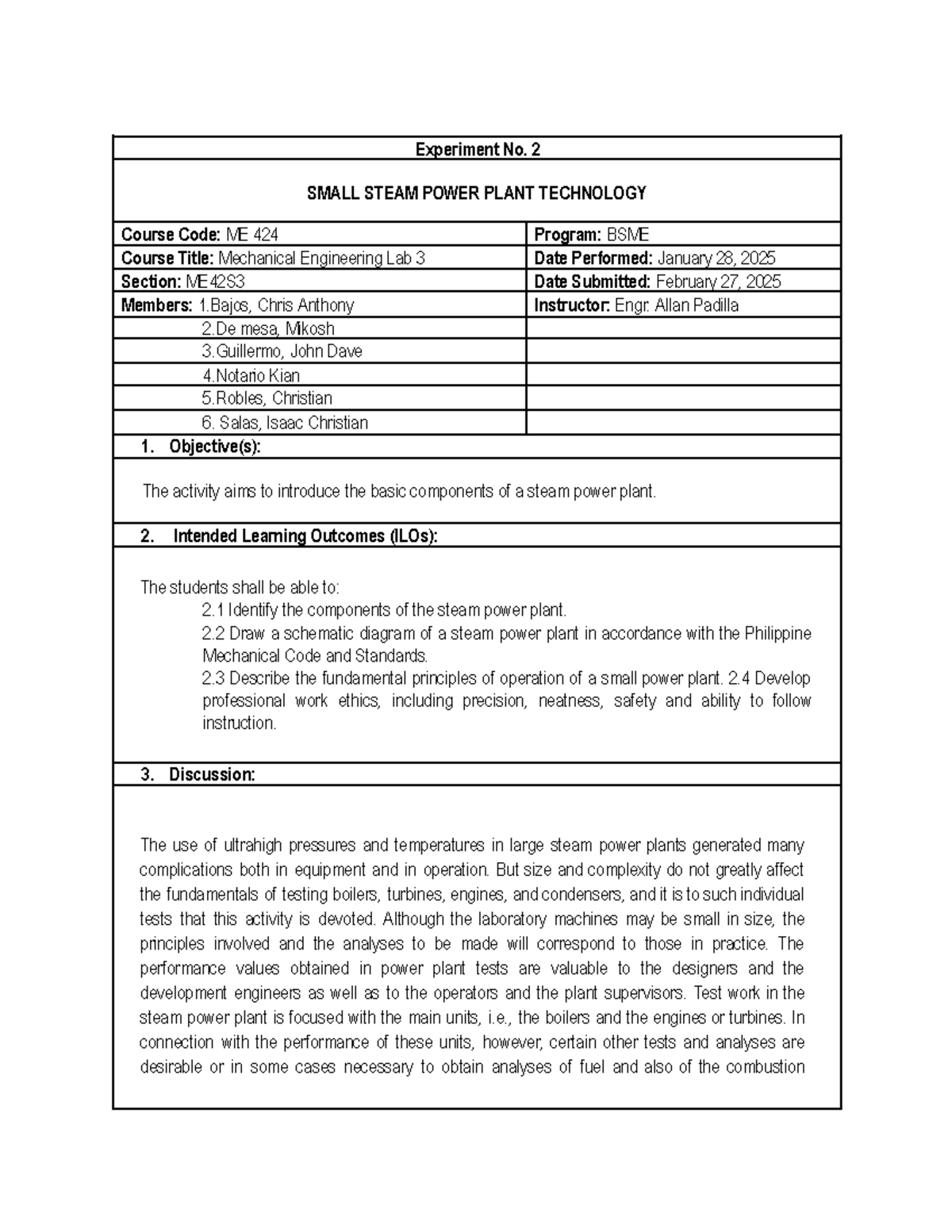 Lab 3: Experiment No. 2 - Small Steam Power Plant Technology (ME 424) - Studocu
