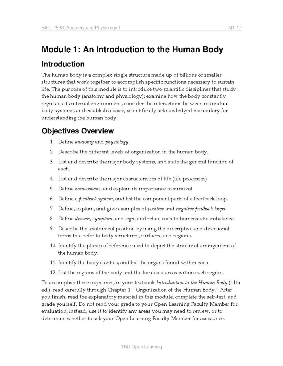 BIOL 1593 Module 1: Intro to Human Anatomy & Physiology - Studocu