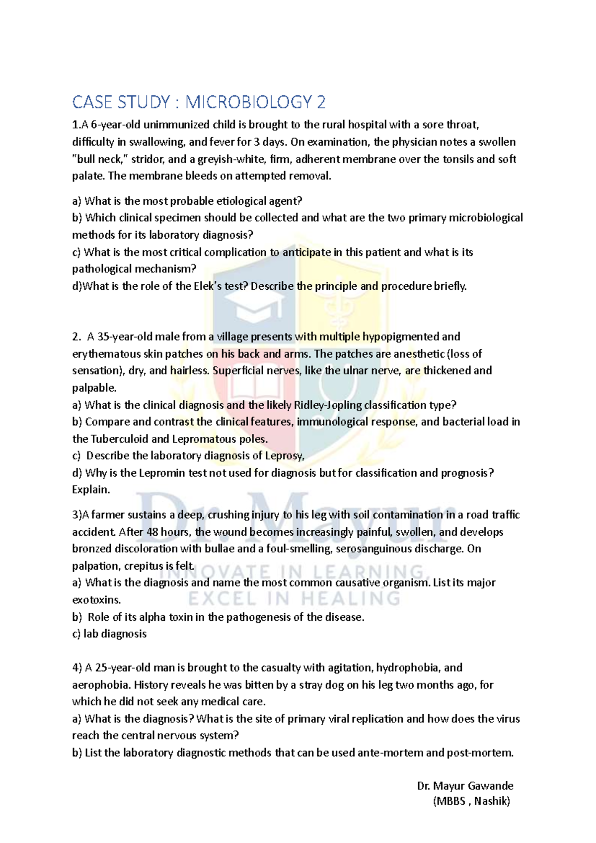 Microbiology 2 Case Study: Clinical Diagnoses and Lab Methods - Studocu