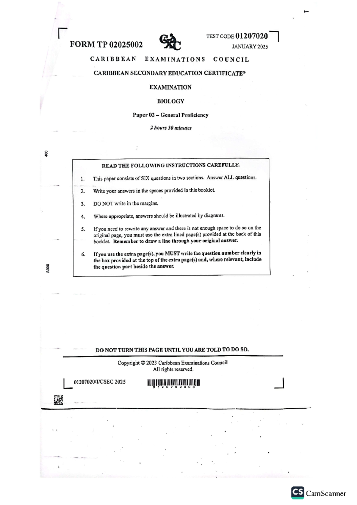 CSEC BIOLOGY Paper 02 Exam 01207020 - January 2025 Guide - Studocu