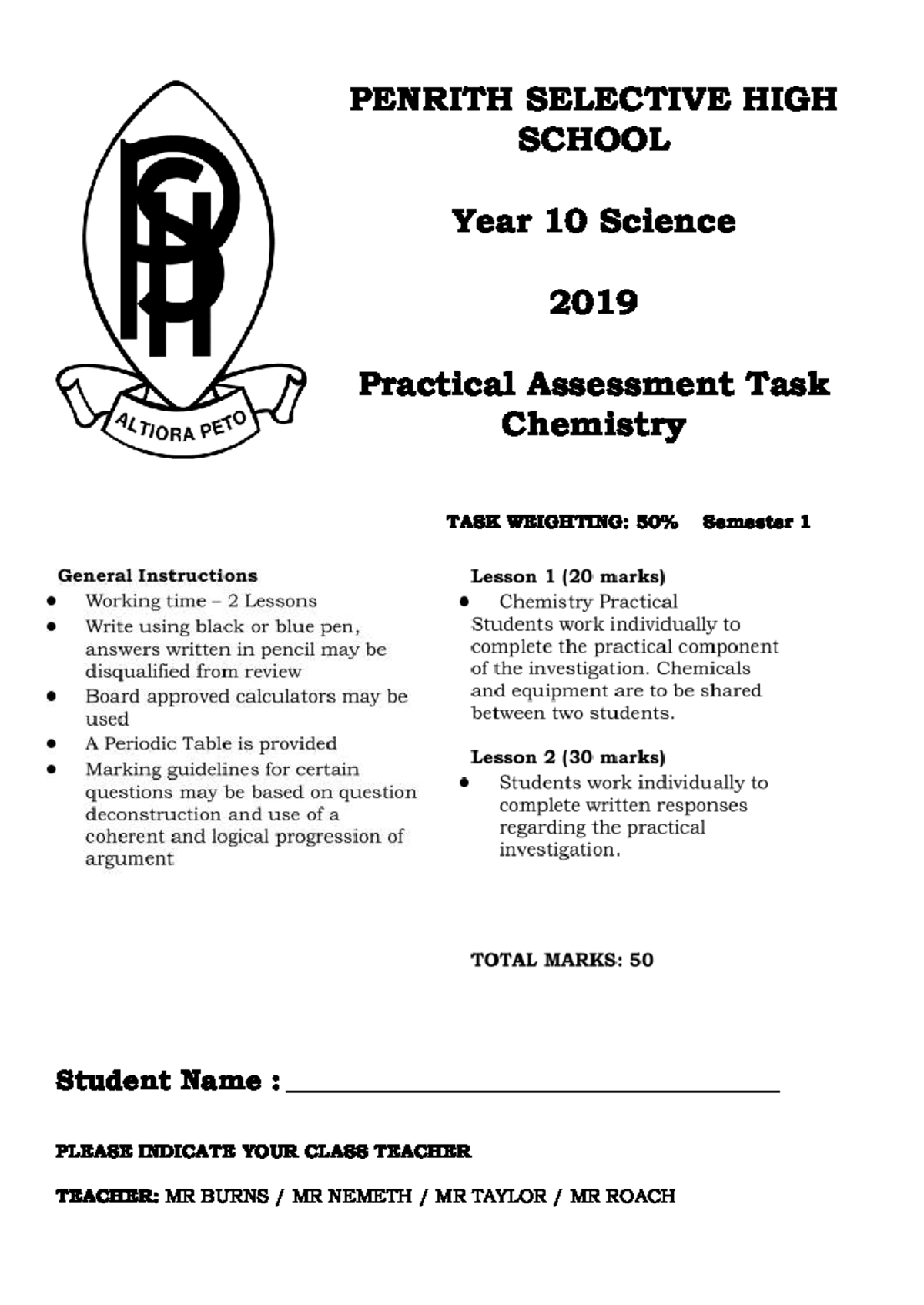 PENRITH SELECTIVE HIGH SCHOOL Year 10 Chemistry Practical Assessment ...