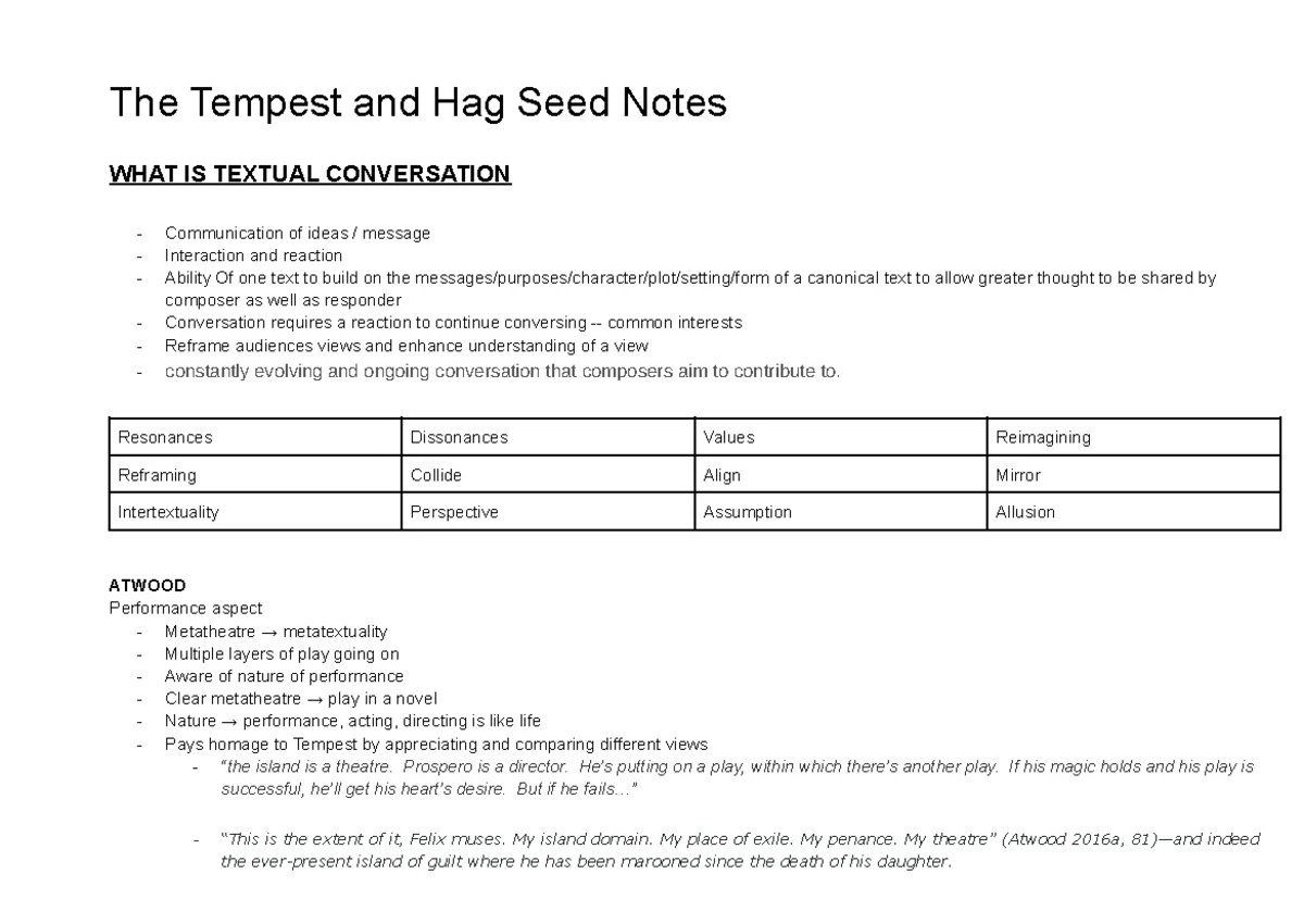 English Notes - MODULE A: Themes and Quotes from Hag-Seed & The Tempest ...