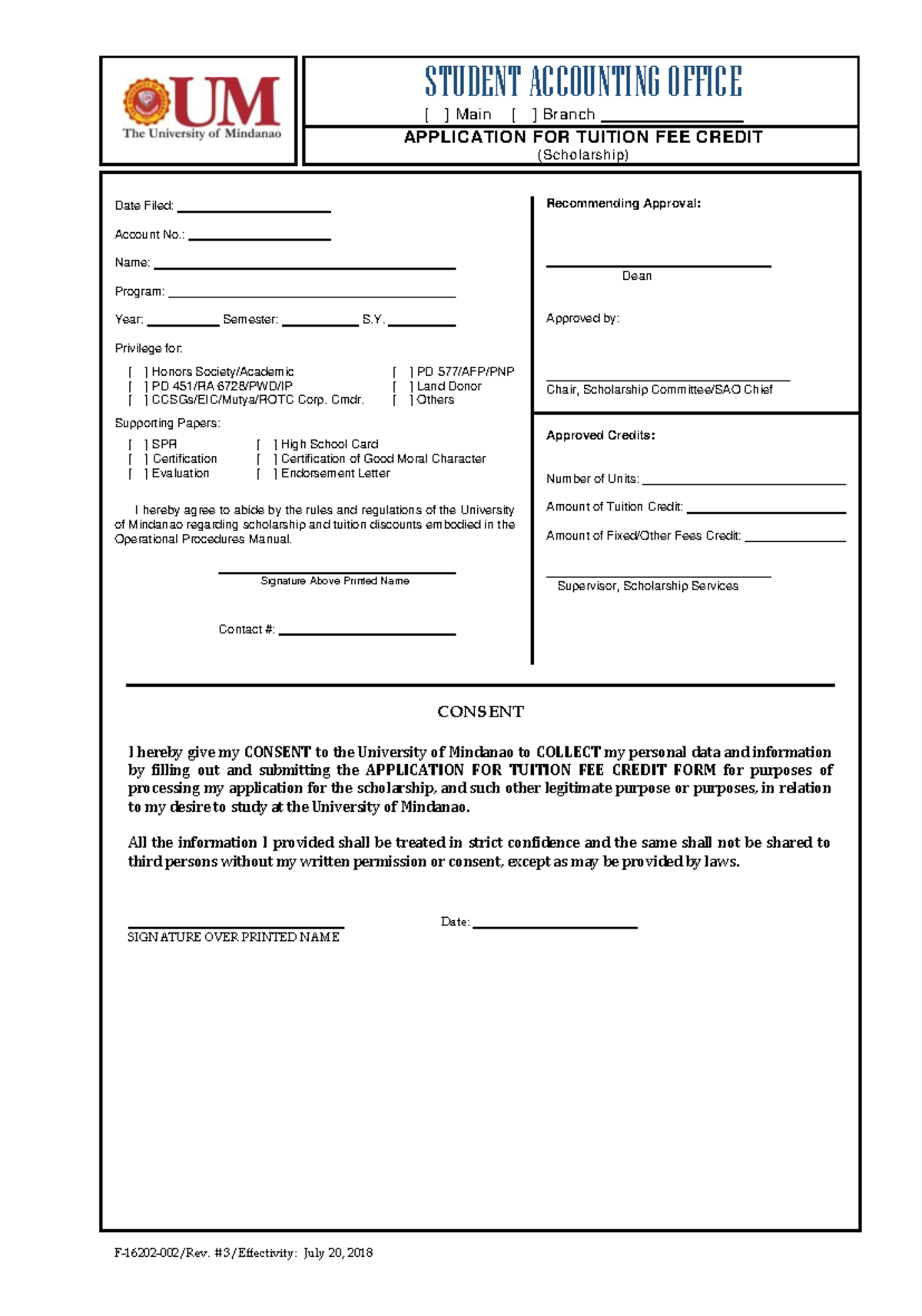Tuition Fee Credit Application Form - University of Mindanao - Studocu