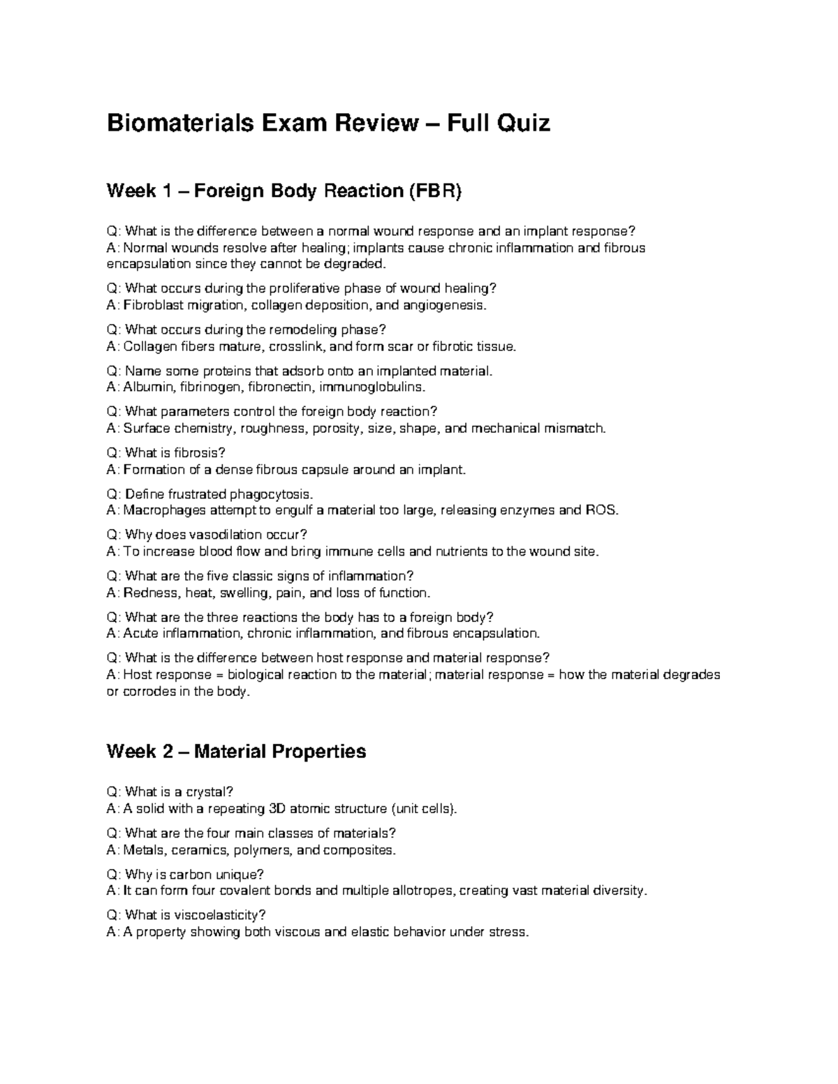 Biomaterials Exam Review: Key Concepts & Material Properties Q&A - Studocu