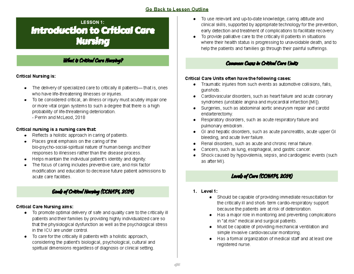 401 LEC: Lesson 1 - Introduction to Critical Care Nursing - Studocu