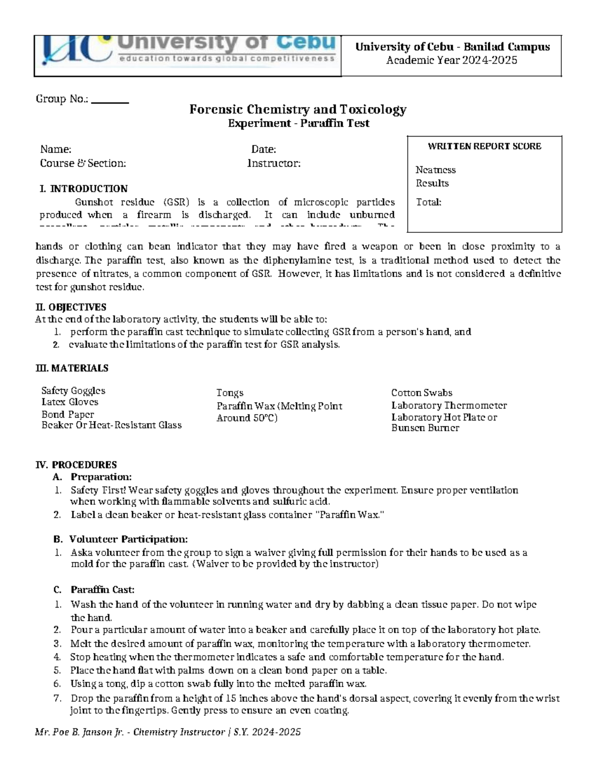 Forensic Chemistry Experiment 6: Paraffin Test Report - Studocu