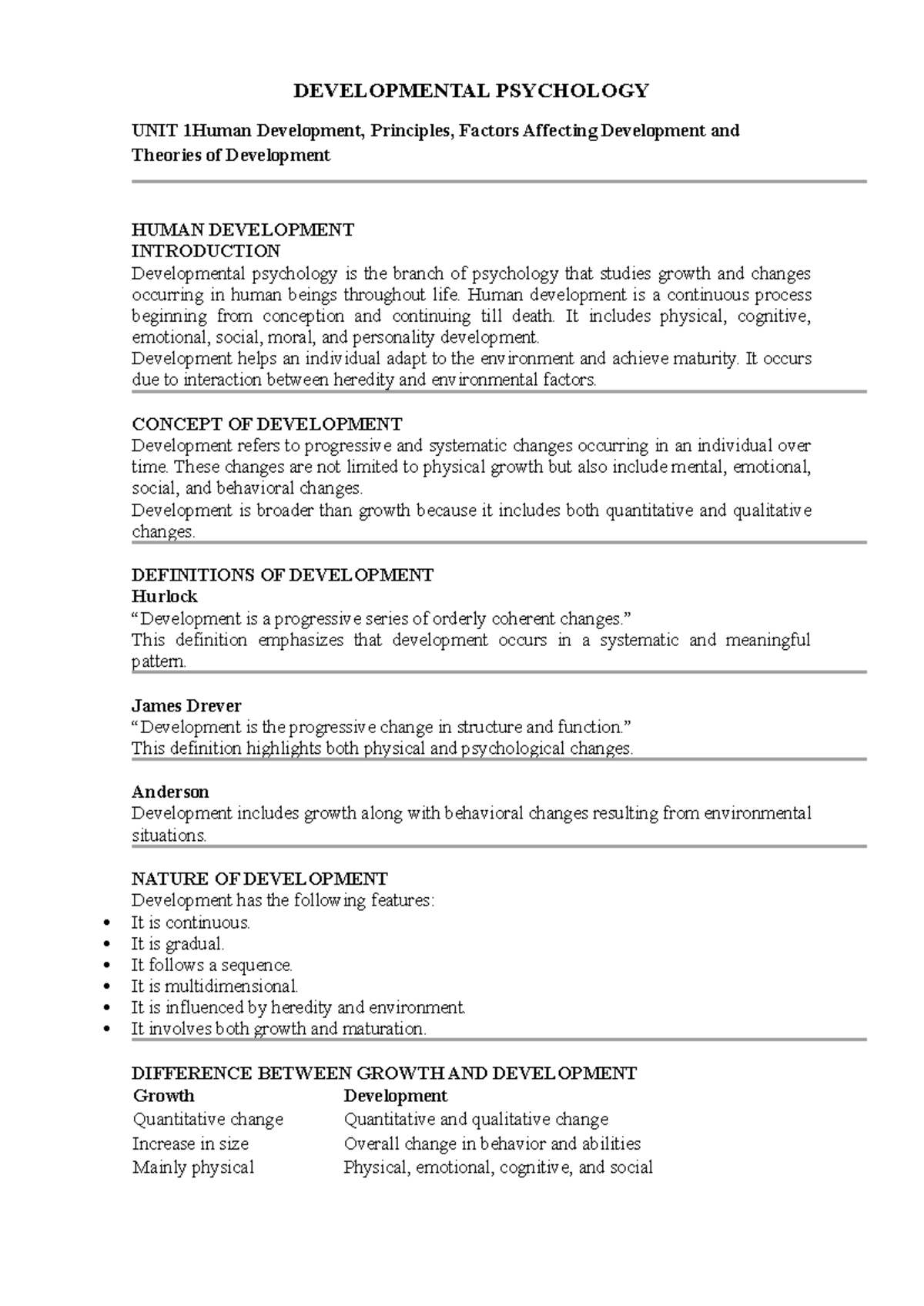 DEVELOPMENTAL PSYCHOLOGY UNIT 1: Human Growth, Principles, and Theories ...