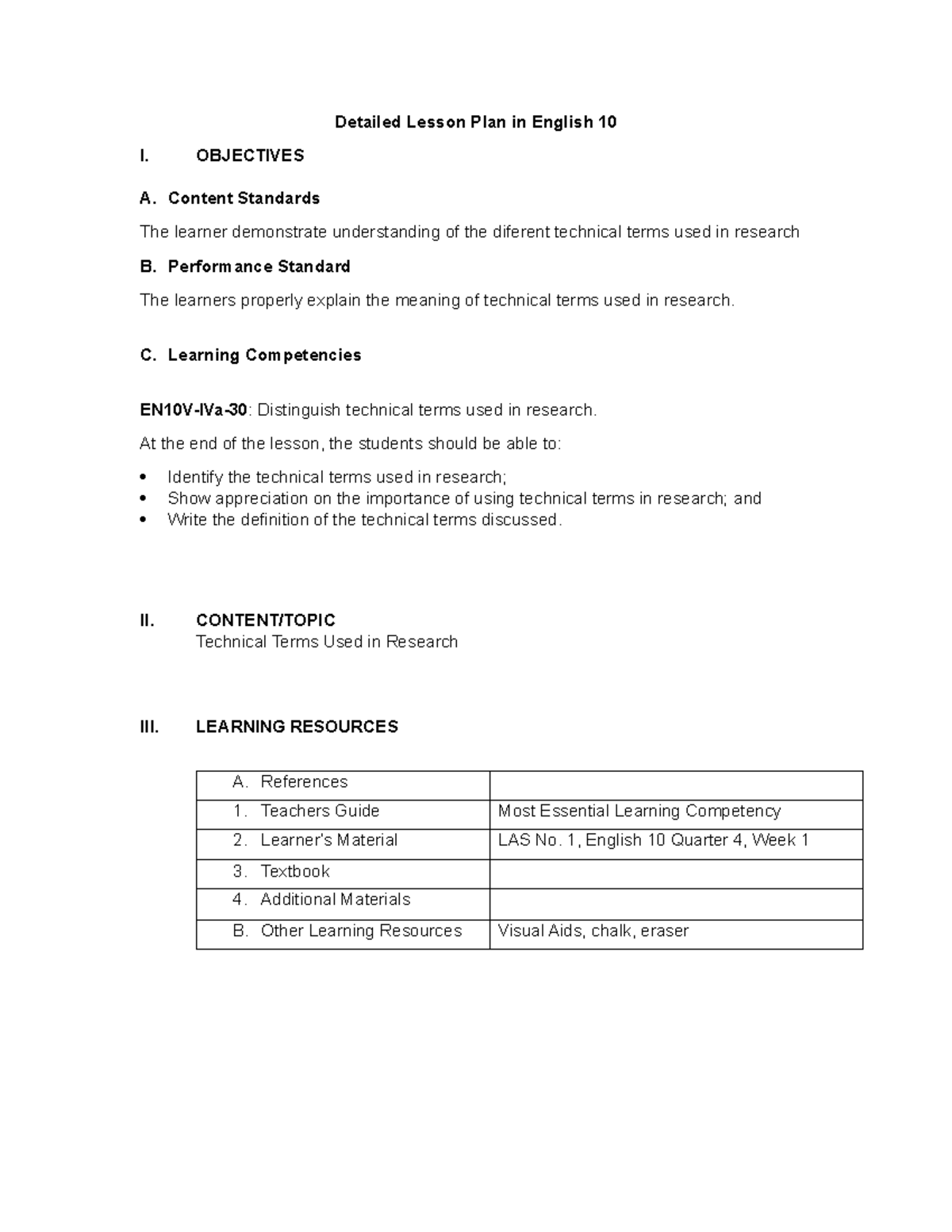 DLP-ENG10 English 10 Lesson Plan: Technical Terms in Research - Studocu