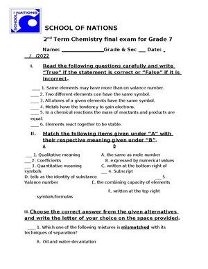 All ministry Chemistry exams - Chemistry Grade 7 2004 Unit 1 1. Which ...