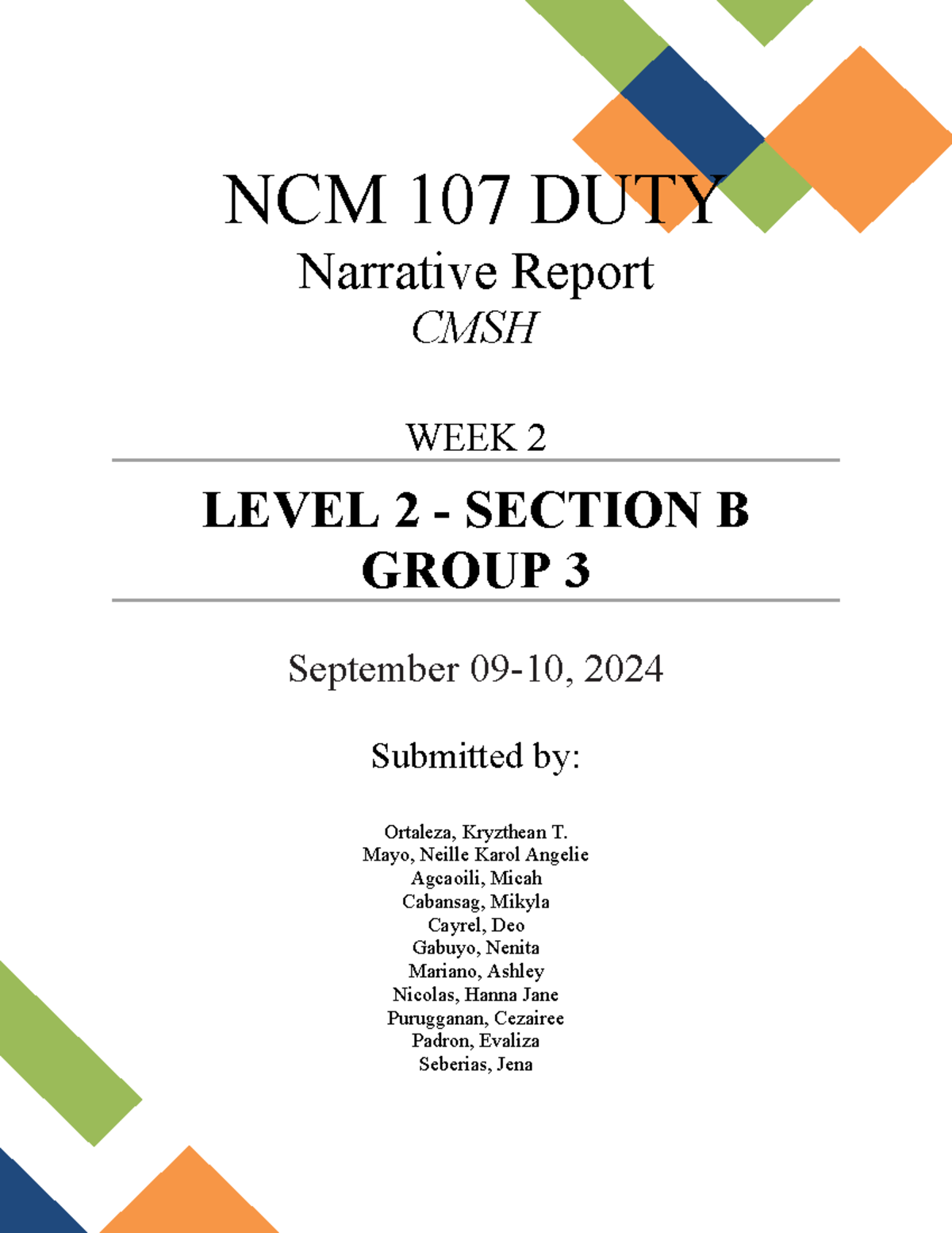 NCM 103 RLE Narrative Report - NCM 107 DUTY Narrative Report CMSH WEEK ...