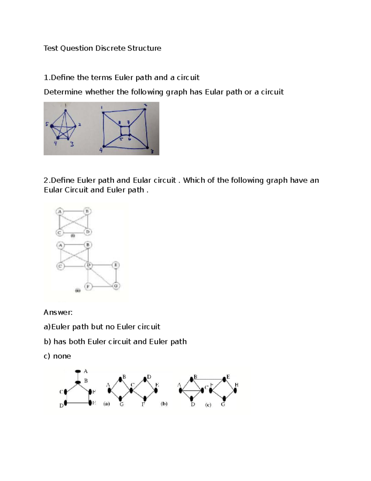 Test Questions on Discrete Structure: Euler Paths & Circuits - Studocu