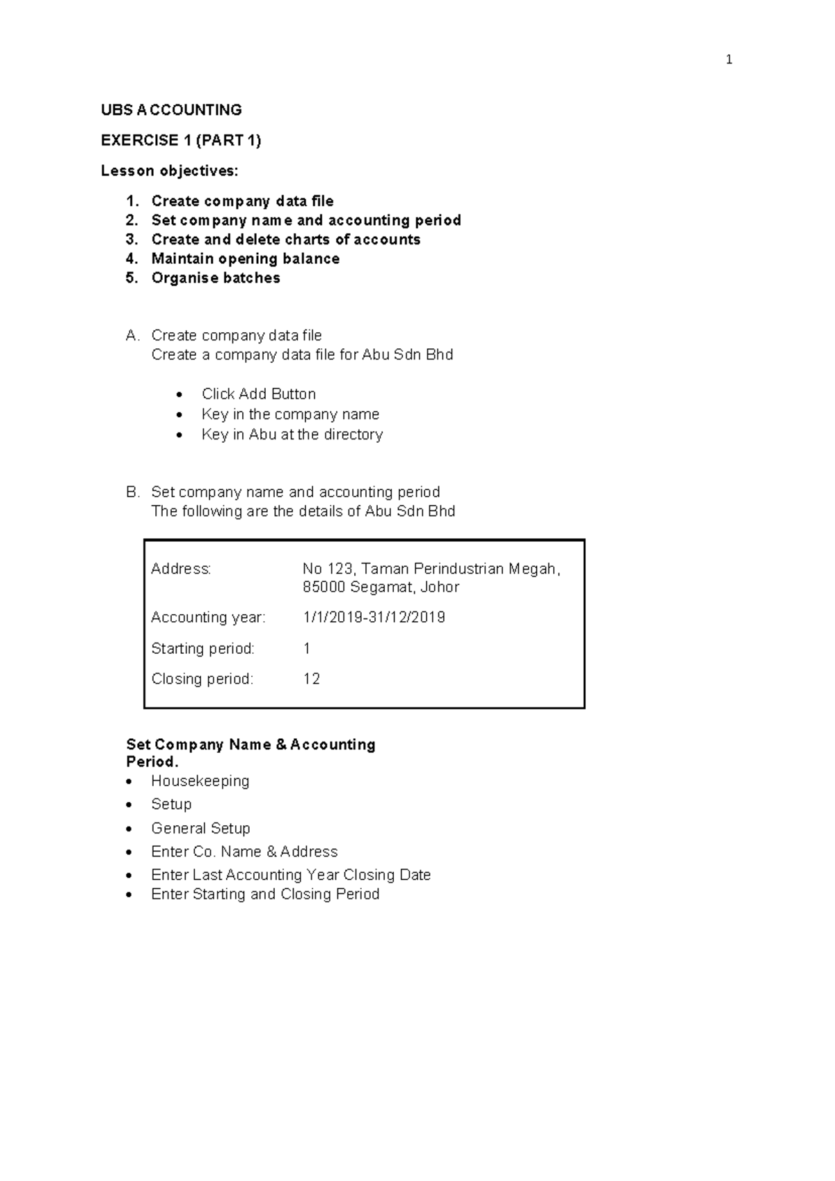 UBS ACCOUNTING EXERCISE 1 (PART 1) - Tutorial for Abu Sdn Bhd - Studocu