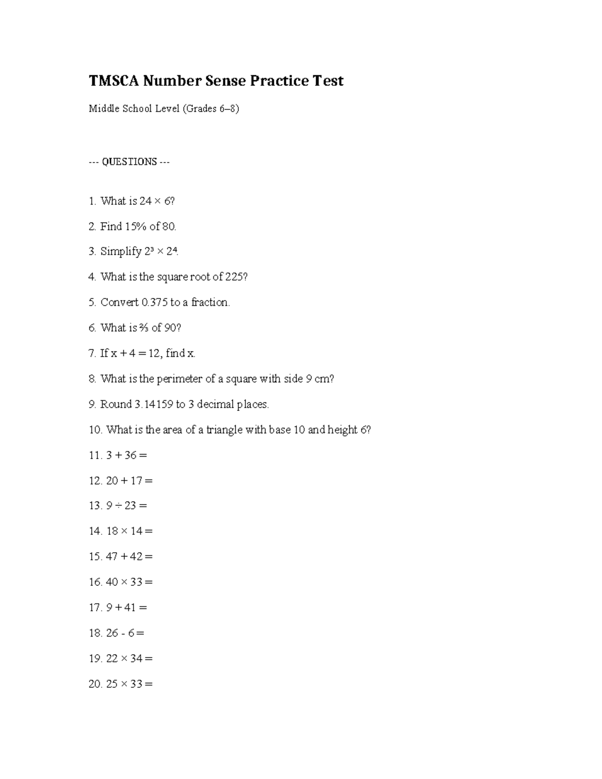 TMSCA Number Sense Practice Test for Middle School Students - Studocu