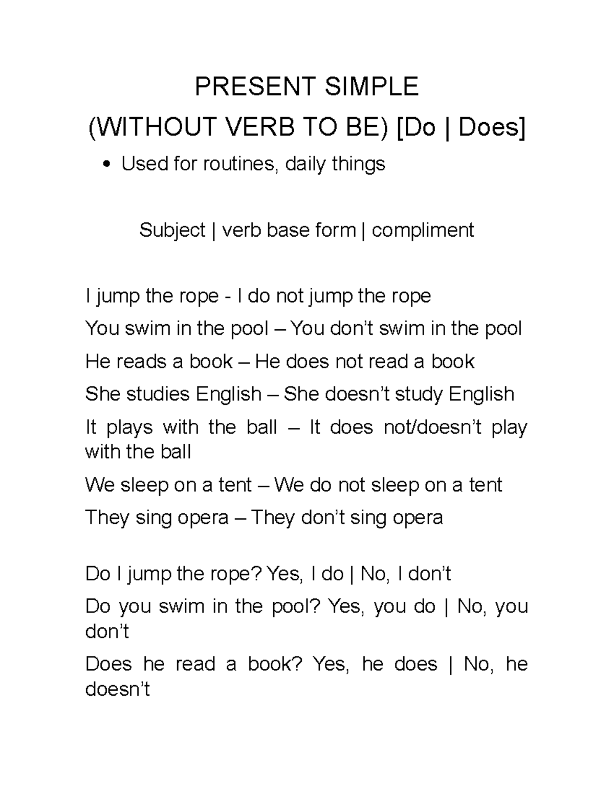 Present Simple (Without verb to be) - PRESENT SIMPLE (WITHOUT VERB TO ...