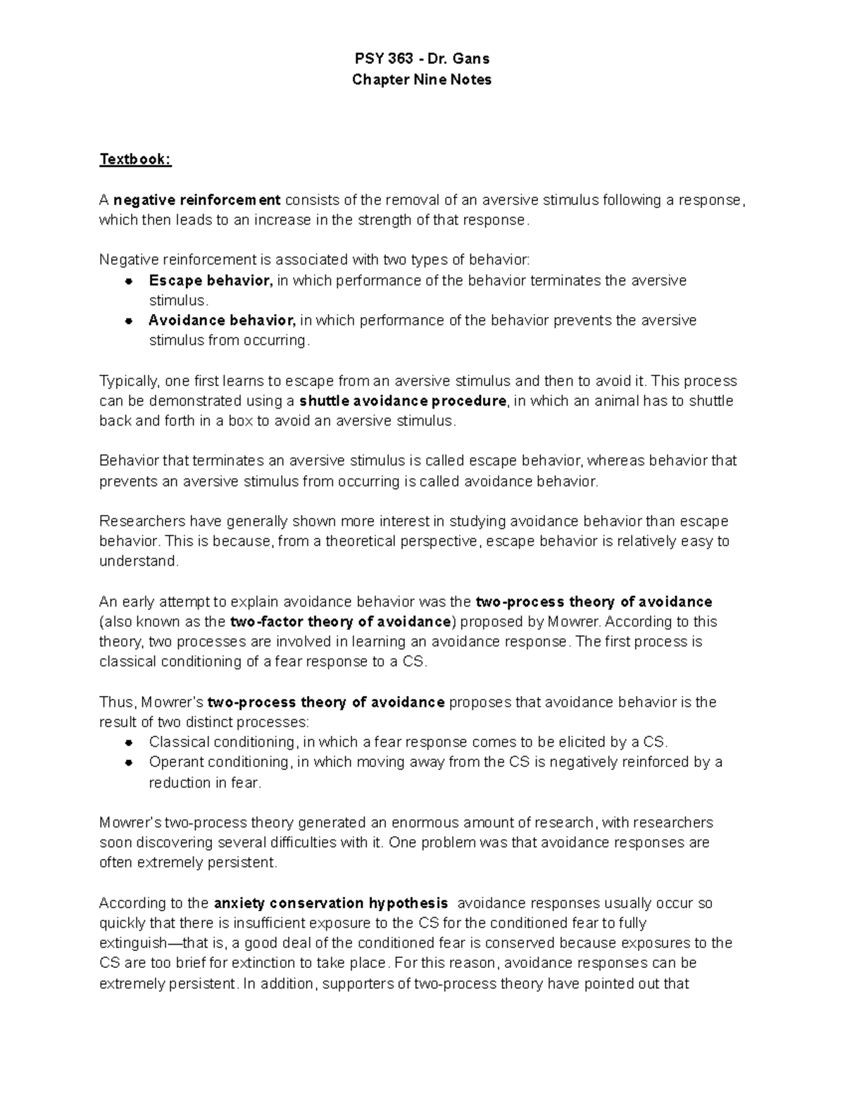 PSY 363 - Chapter 9 Notes: Negative Reinforcement & Avoidance Behavior ...