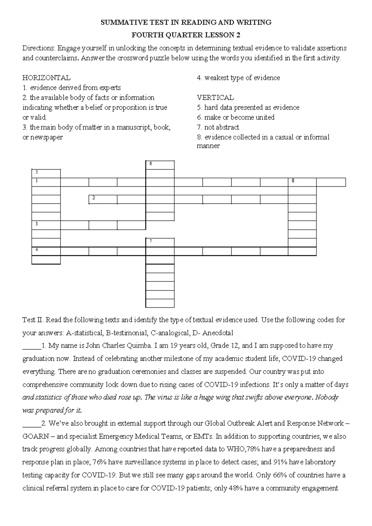 Q4 Summative 3 - Reading and Writing Evidence Worksheet - Studocu
