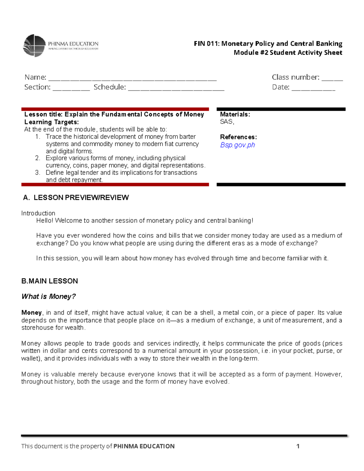 Fin-011-sas-2 module to read - Module #2 Student Activity Sheet Name ...