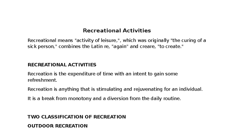 Recreational Activities Overview: Benefits & Types (Grade 12) - Studocu
