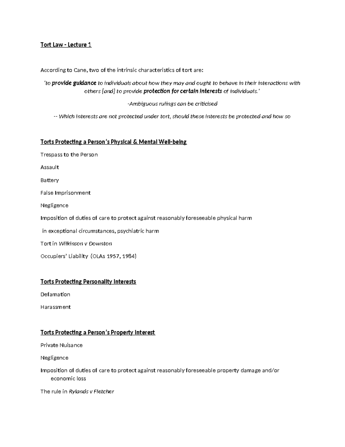 Tort Law Lecture 1: Key Concepts and Case Studies Overview - Studocu