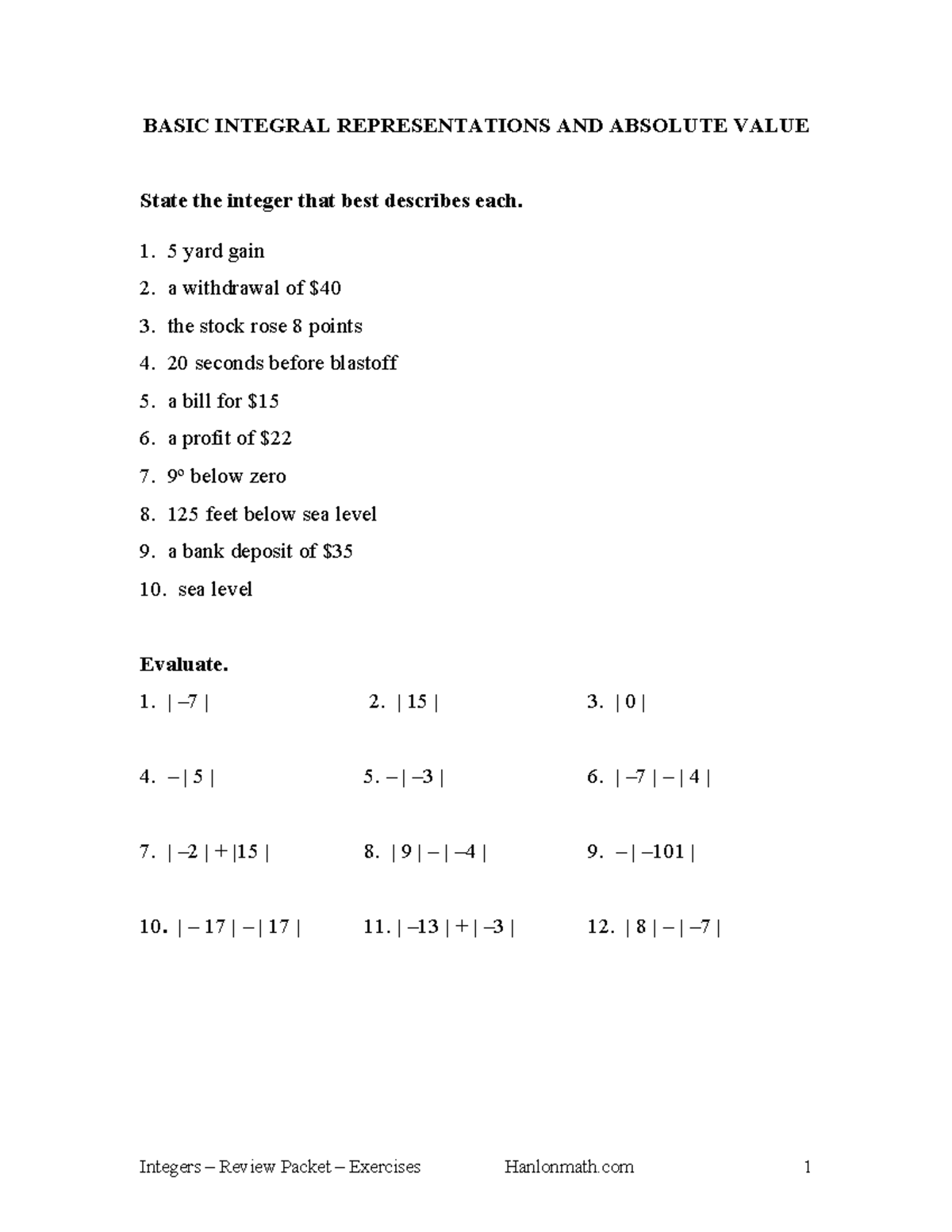 Integers - Worksheet 1 - Basic Concepts and Practice Problems - Studocu