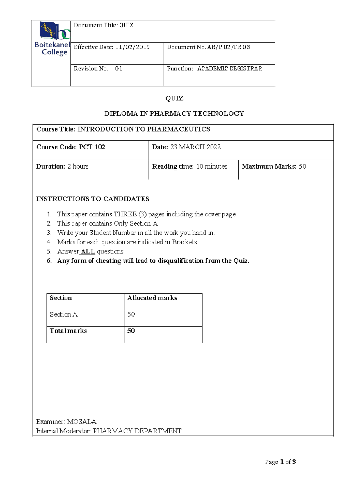 QUIZ PCT 102: Intro to Pharmaceutics - Pharmaceutical Calculations ...