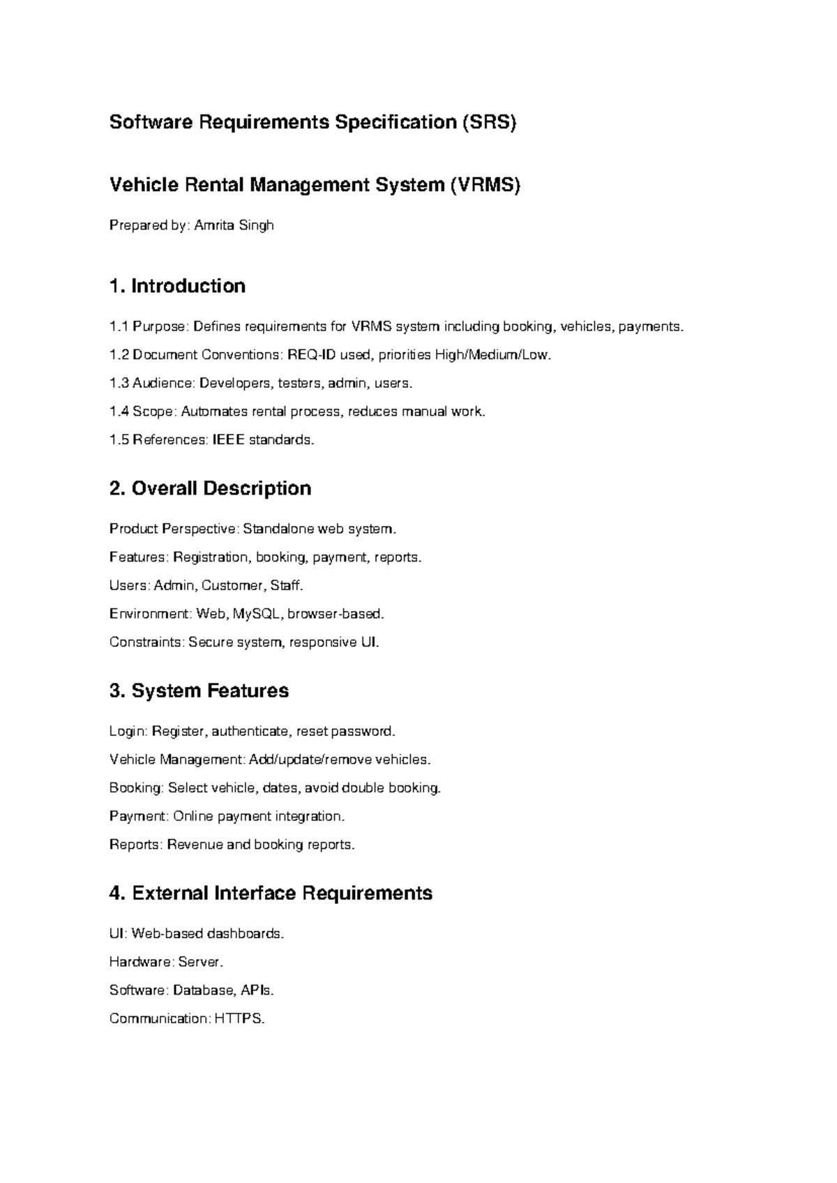 VRMS SRS Document for Vehicle Rental Management System - Studocu